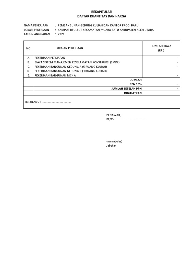 RAB Pembangunan Gedung Kuliah Dan Kantor Prodi Baru OE Rp. 2.27 M | PDF