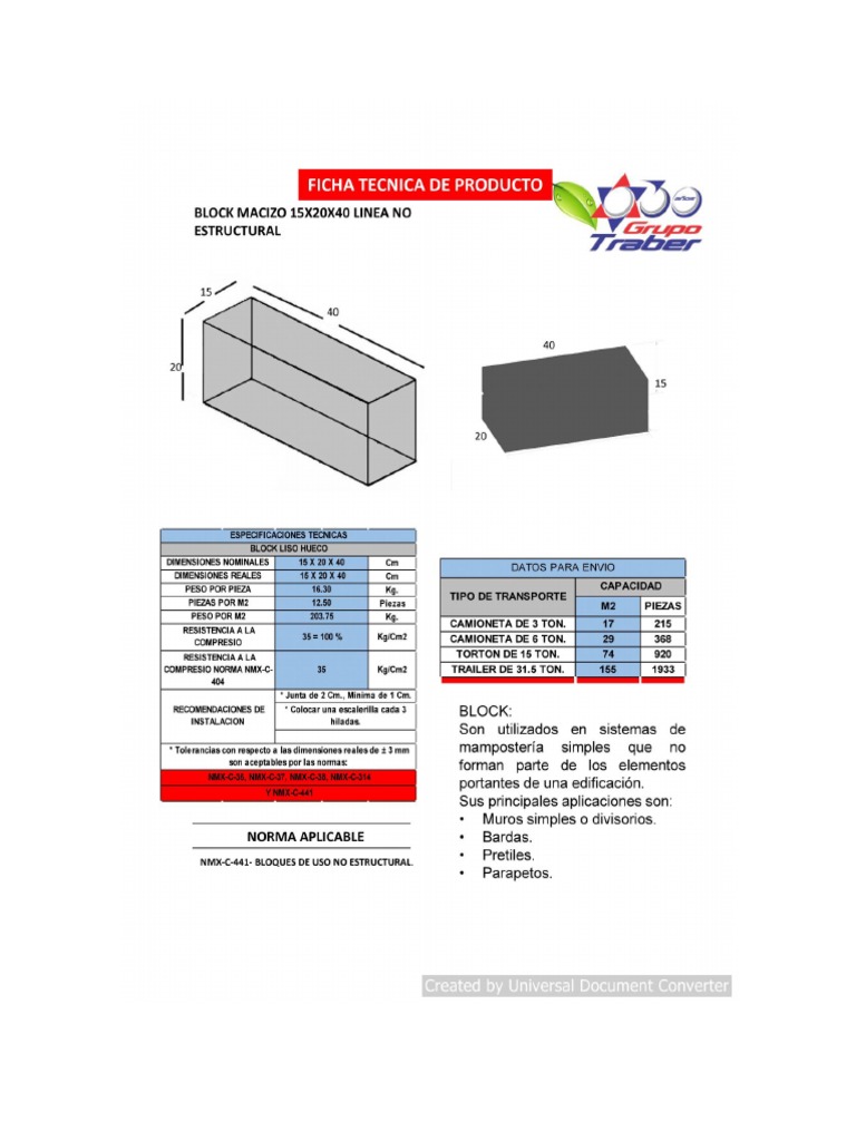 Ficha Tecnica Block Macizo 15x20x40 Linea No Estructural Nmx-c-441 | PDF