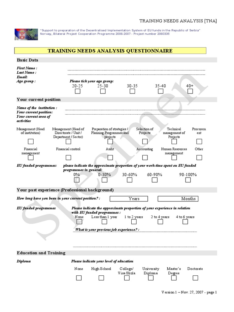Training Needs Analysis Questionnaire: Basic Data | PDF | Evaluation ...