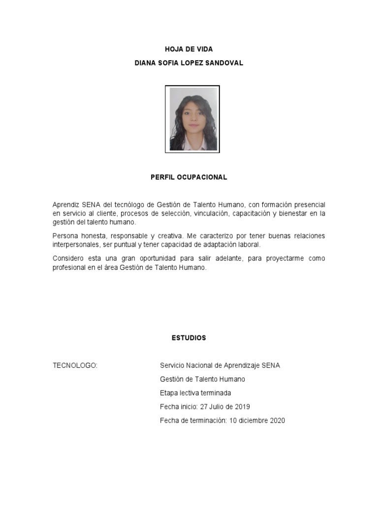 Hoja de Vida Sofia 14 Diciembre | PDF | Business | Salud y bienestar