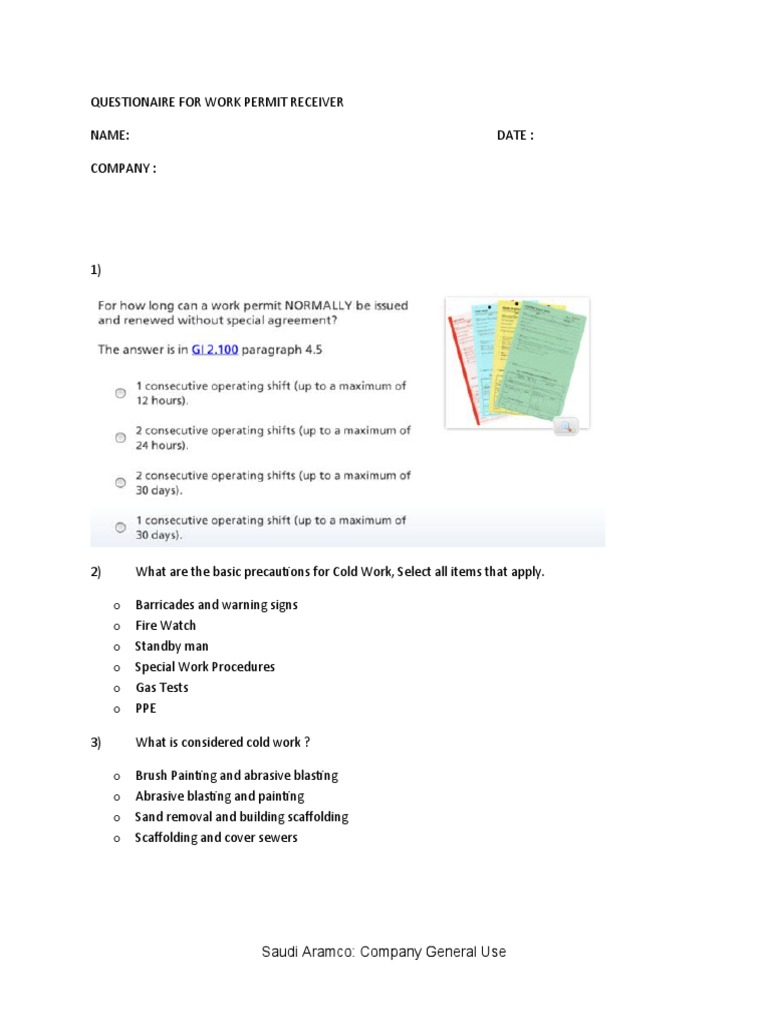 Questionaire For Work Permit Receiver | PDF | Safety | Chemistry