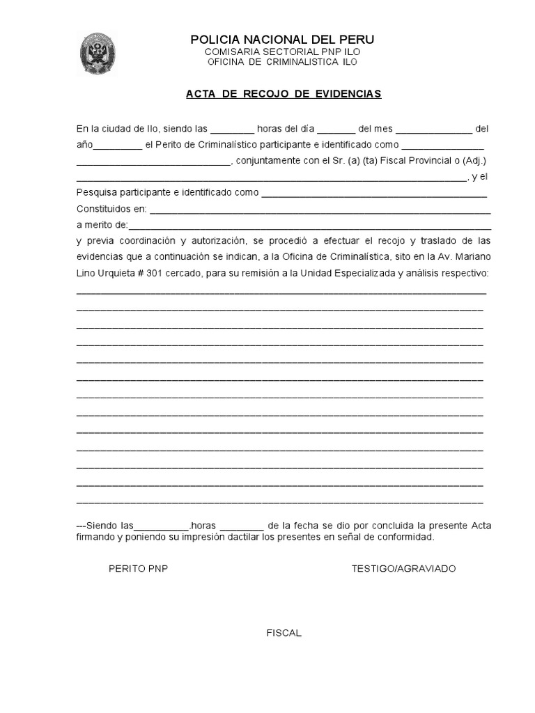 Acta de Recojo de Evidencia | PDF | Cumplimiento de la ley | Crimen y violencia