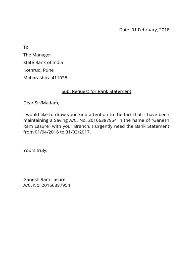 Bank Statement Request Letter | PDF | Career & Growth | Finance & Money ...