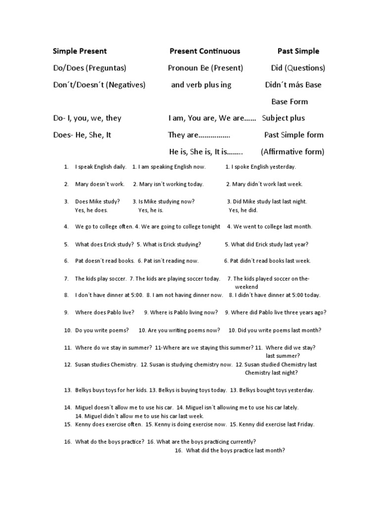 Basic Tenses Without Answers - Simple Present Present Continuous Past ...