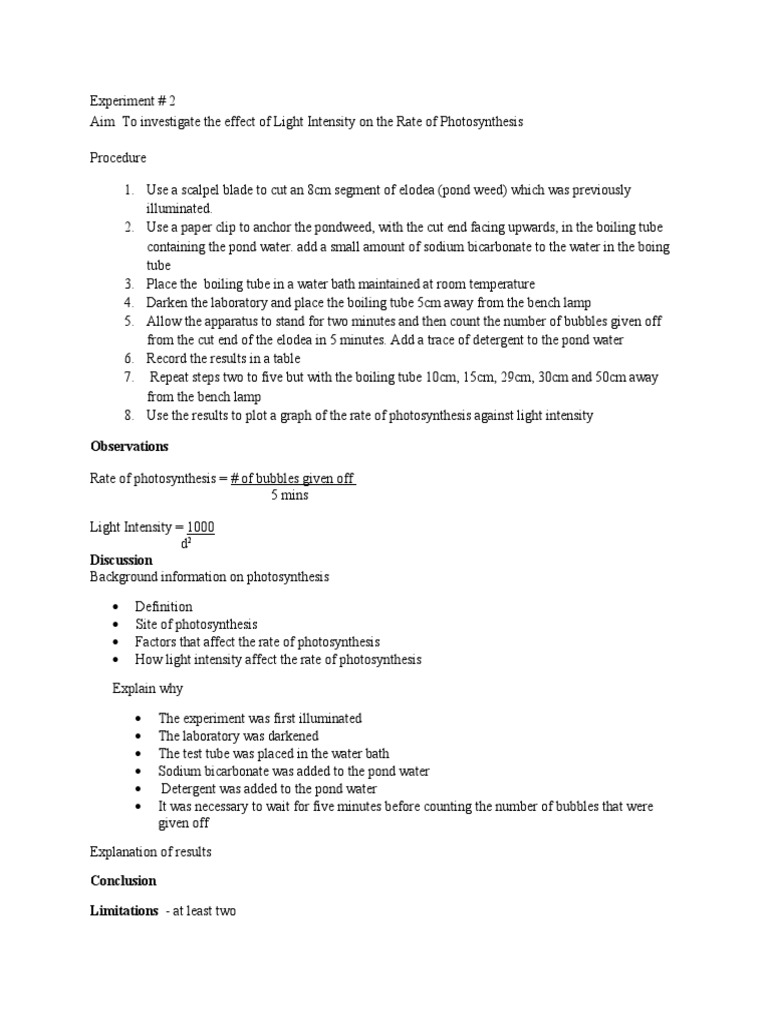 Light Intensity Experiment (Students Lab Sheet) | PDF