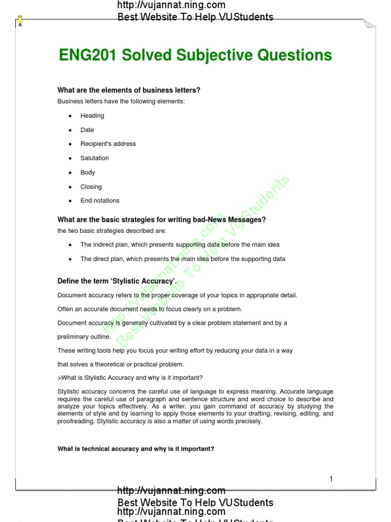 ENG201 Solved Subjective Questions | PDF | Memorandum | Sentence (Linguistics)