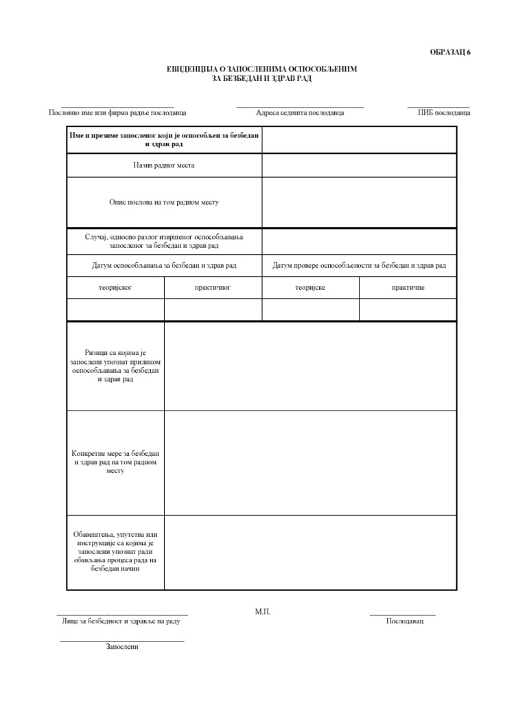 Obrazac 6 - Evidencija o Zaposlenima Osposobljenim Za Bezbedan I Zdrav ...