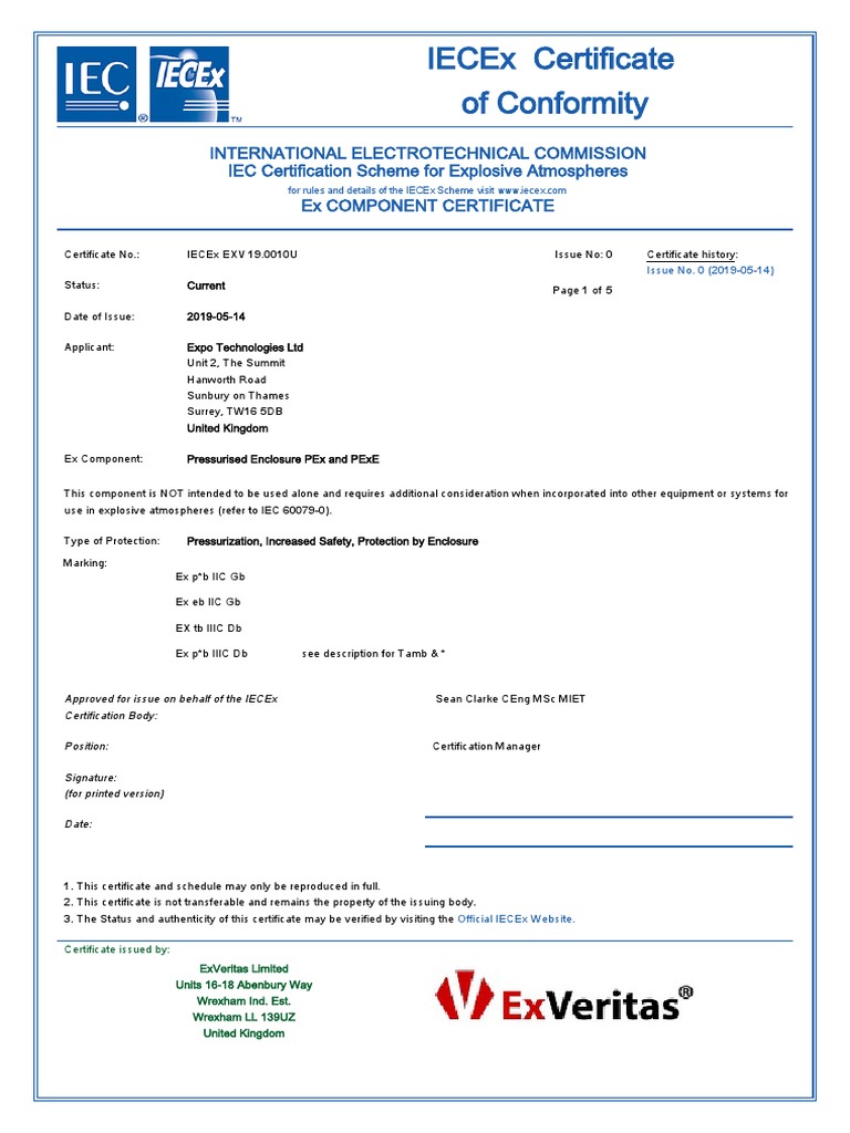 Pexe Component - Iecex Exv 19.0010u Is0 | PDF | International ...