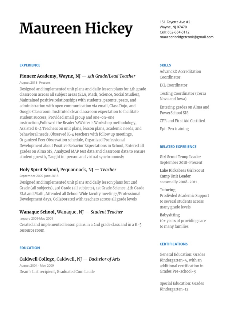 Maureen Hickey Resume 2 | Download Free PDF | Lesson Plan | Teachers
