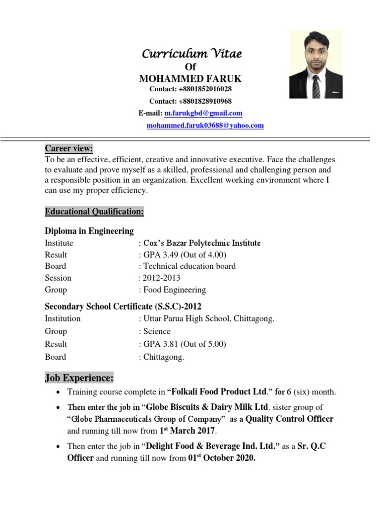 Curriculum Vitae: of Mohammed Faruk | PDF | Business | Foods