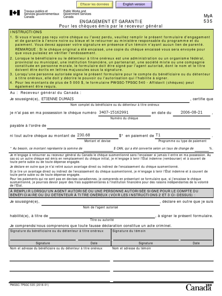 Formulaire PWGSC-TPSGC 535 à remplir | PDF | Chèque | Finance (Général)