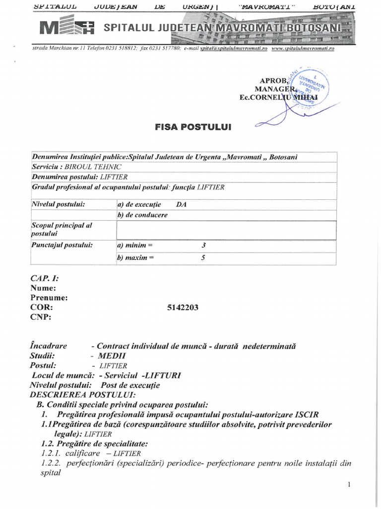 Fisa Postului Liftier | PDF