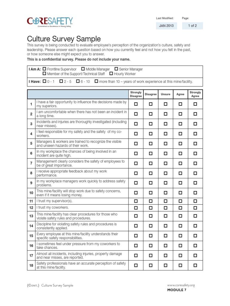 Culture Survey Sample: Committed To Excellence in Mining Safety | PDF ...