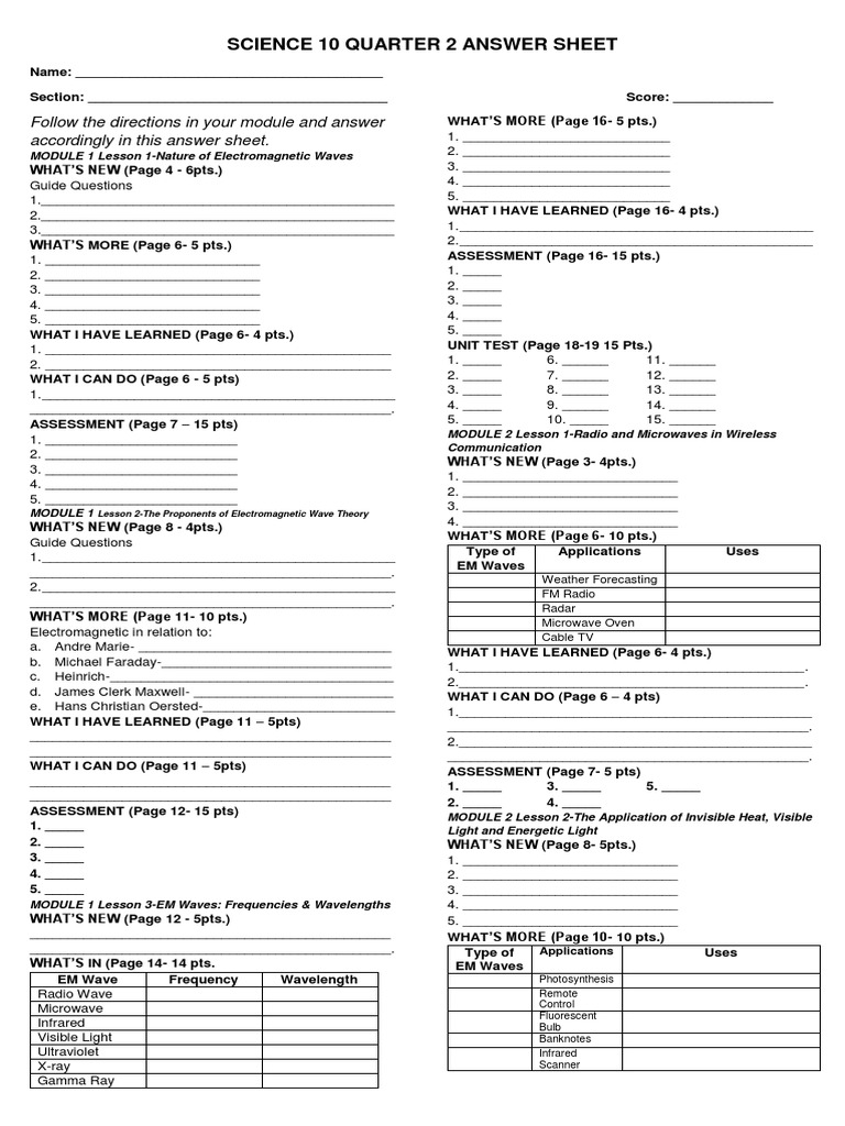 Science 10 Electromagnetic Waves Answer Sheet | PDF | Ionizing ...