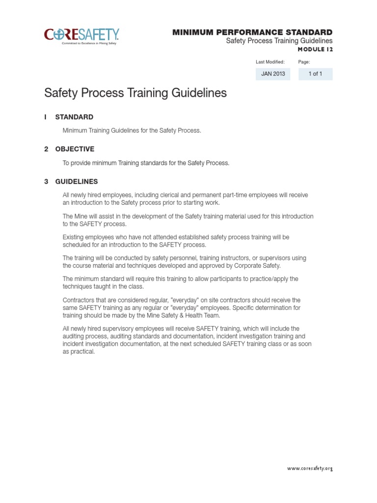 Safety Process Training Guidelines: Minimum Performance Standard | PDF ...