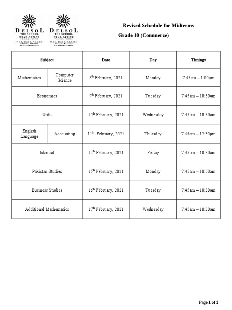 Revised Schedule For Midterms Grade 10 (Commerce) : Subject Date Day Timings | PDF