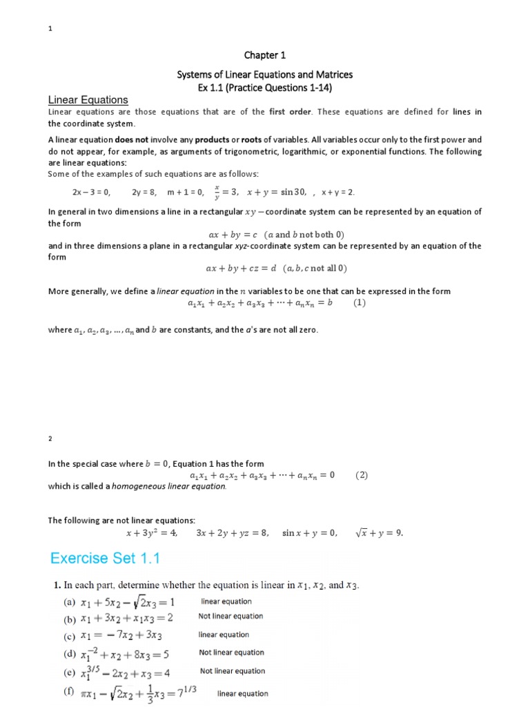 Chapter 1 - Ex 1.1 | PDF | System Of Linear Equations | Equations