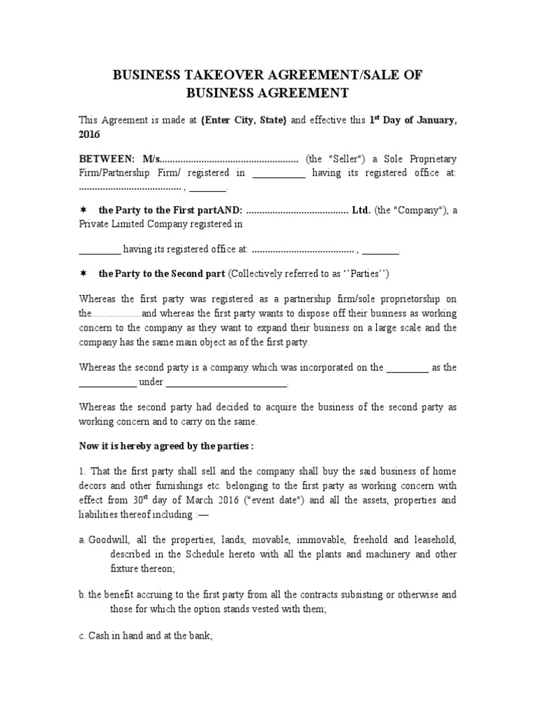Business Takeover Agreement Template | PDF | Debt | Equity (Finance)