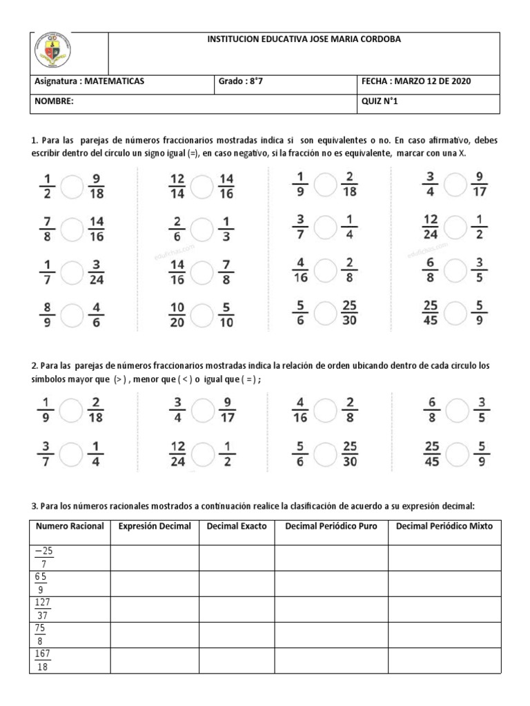 Examen Fracciones Equivalentes | PDF