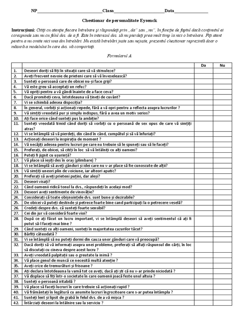 Chestionar de Personalitate Eysenck | PDF