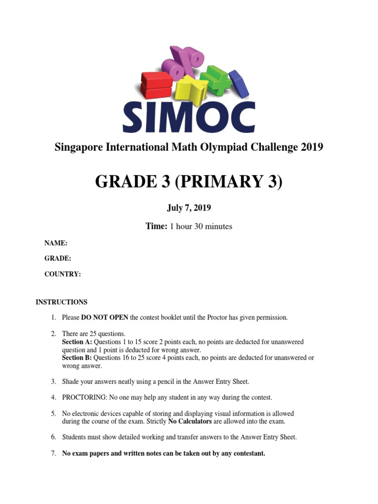Grade 3 (Primary 3) : Singapore International Math Olympiad Challenge ...