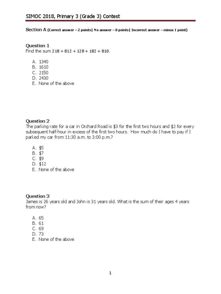 Grade 3 SIMOC 2018 | PDF | Weight | Triangle