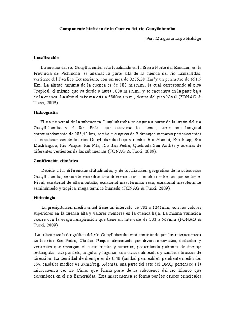 Componente Biofísico de La Cuenca Del Río Guayllabamba de La Provincia ...