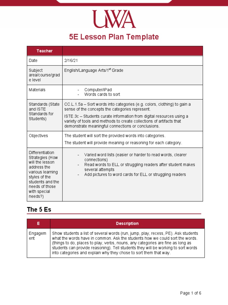 Emoore 5e Lesson Plan Ela | PDF | Word | Lesson Plan