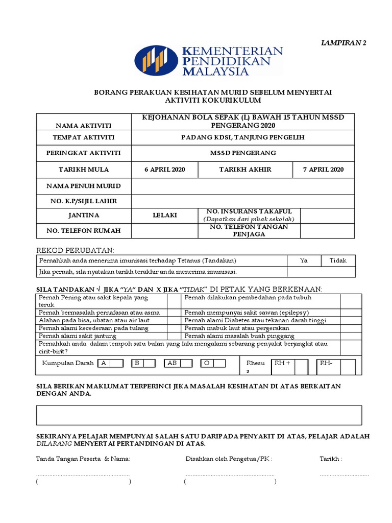Borang Kesihatan Murid MSSD 2020 | PDF