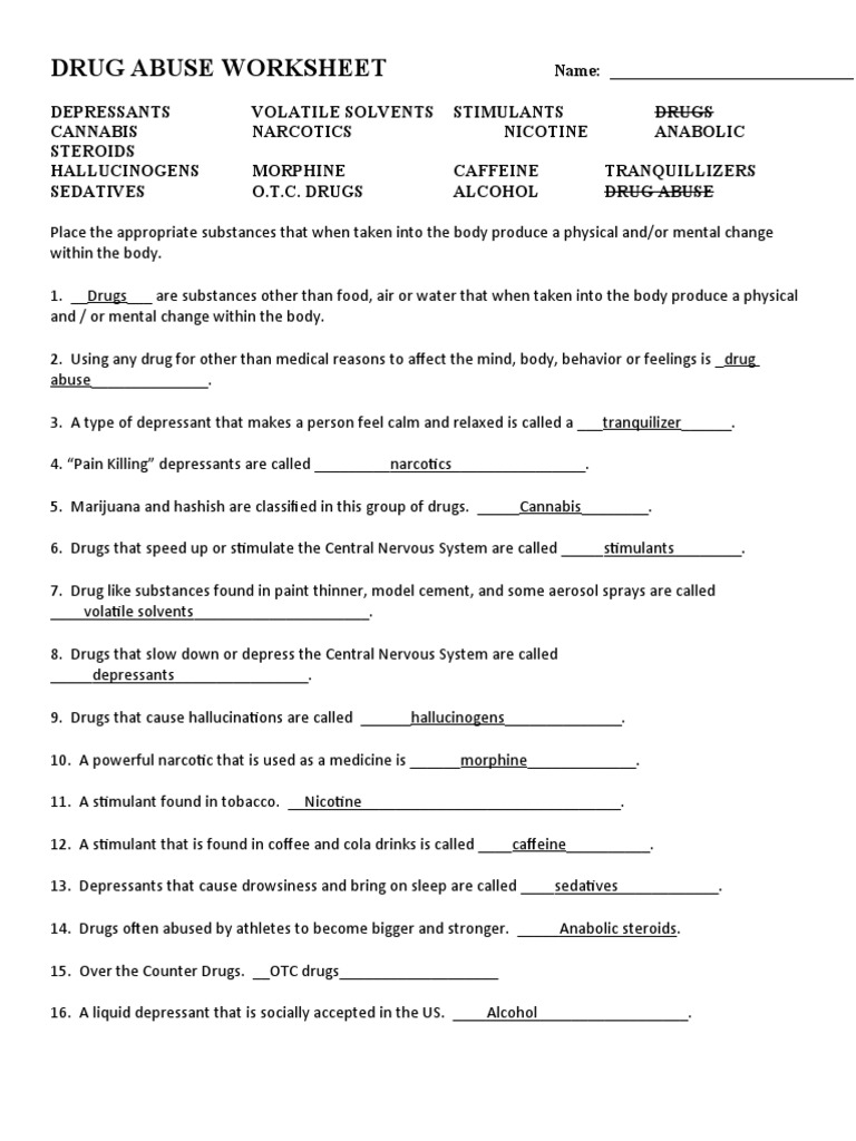 Drug Abuse Worksheet Fill-in-the-Blank Terms | PDF