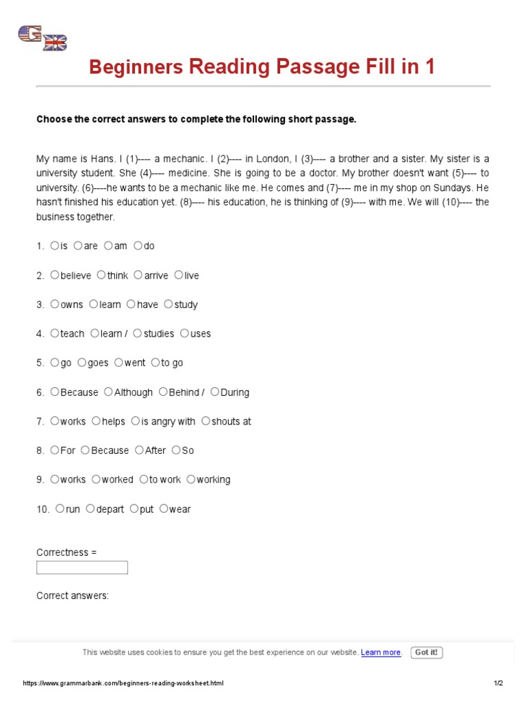 Beginners Reading Worksheet - GrammarBank | PDF