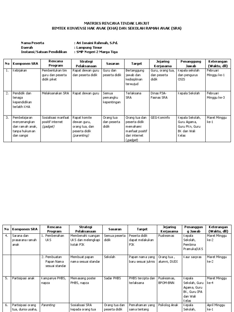 Matriks Rencana Tindak Lanjut Bimtek KHA SRA | PDF