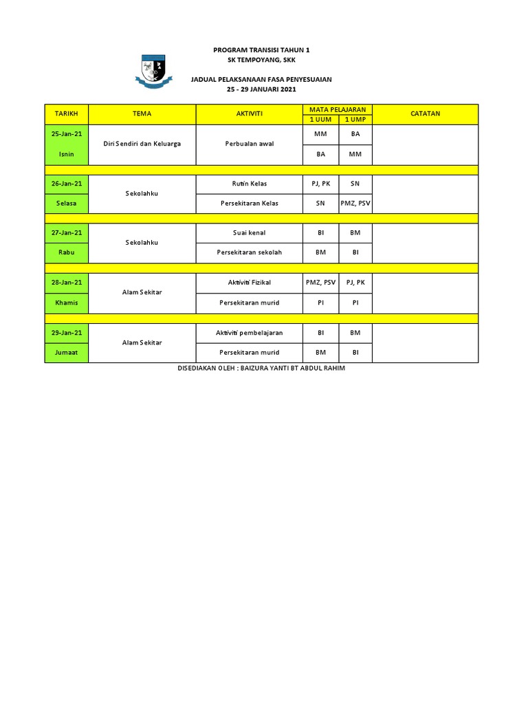 Jadual Program Transisi Tahun 1 | PDF