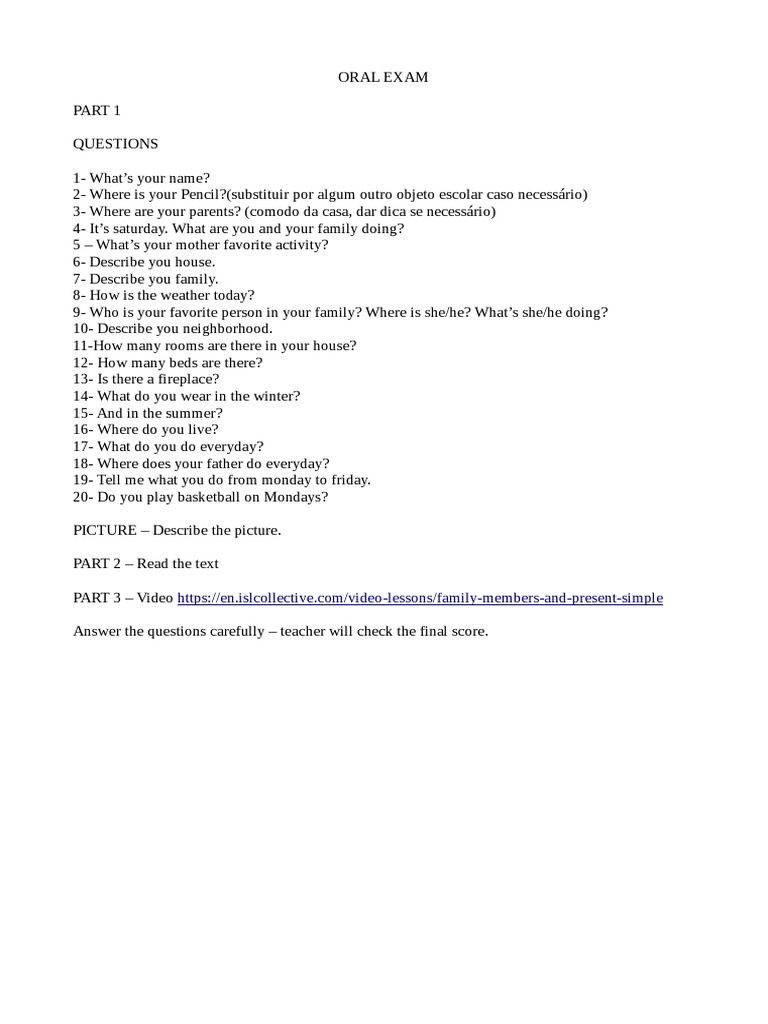 Oral Exam Questions and Activities | PDF