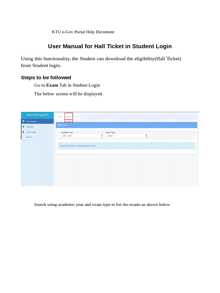 KTU Hall Ticket in Student Login Help | PDF