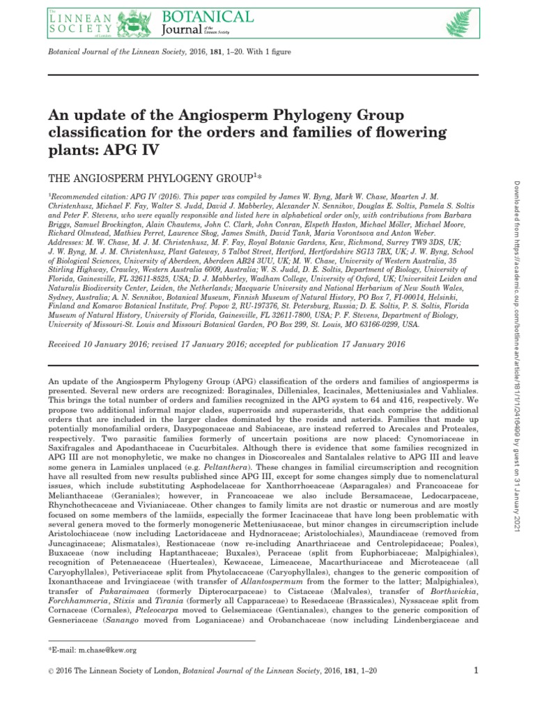An Update of The Angiosperm Phylogeny Group Classification For The ...