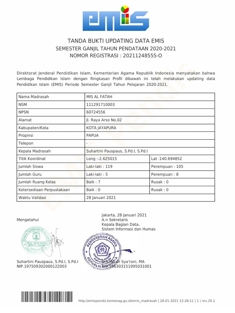 Tanda Bukti Updating Data Emis: Semester Ganjil Tahun Pendataan 2020-2021 NOMOR REGISTRASI ...
