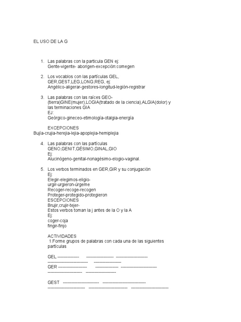Uso de la letra G en español | PDF | Idiomas | Gramática