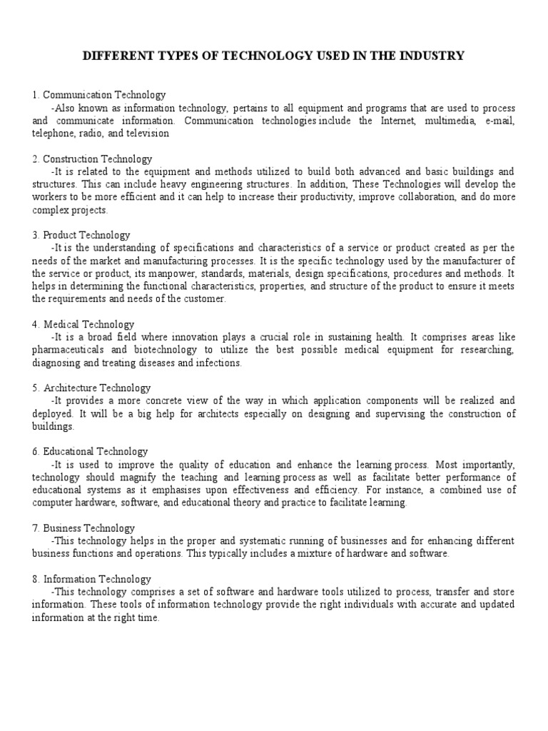 Different Types of Technology Used in The Industry | PDF | Intelligence ...