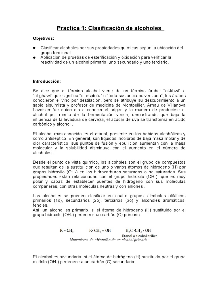 Practica 1 Clasificación de Alcoholes | PDF | Alcohol | Compuestos químicos