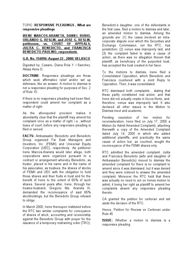 Responsive Pleading | PDF | Pleading | Complaint