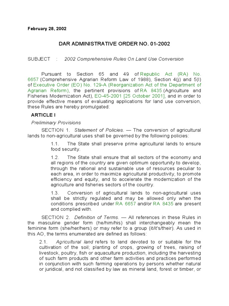 DAR AO No. 1-2002 (Full Text) | PDF | Agriculture | Resource