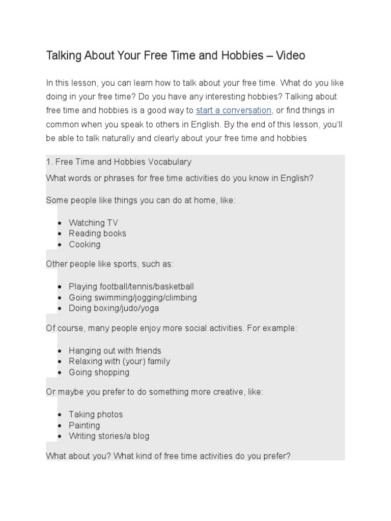 Talking About Your Free Time and Hobbies | PDF | Hobbies | English Language
