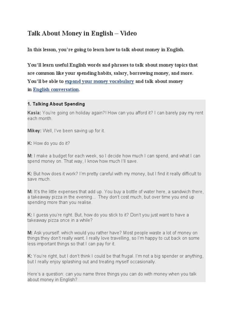 Talk About Money in English | PDF | Loans | Debt