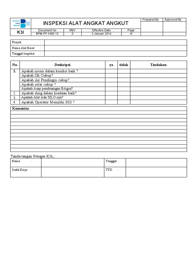 Bpm-Pf-Hse-15 Checklist Alat Angkat Angkut | PDF