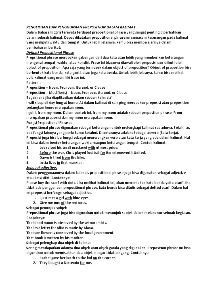 Pengertian Dan Penggunaan Preposition Dalam Kalimat | PDF