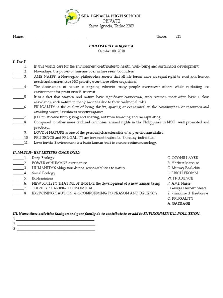 PHILOSOPHY 101 (Quiz 7) : Sta. Ignacia High School | PDF | Nature ...