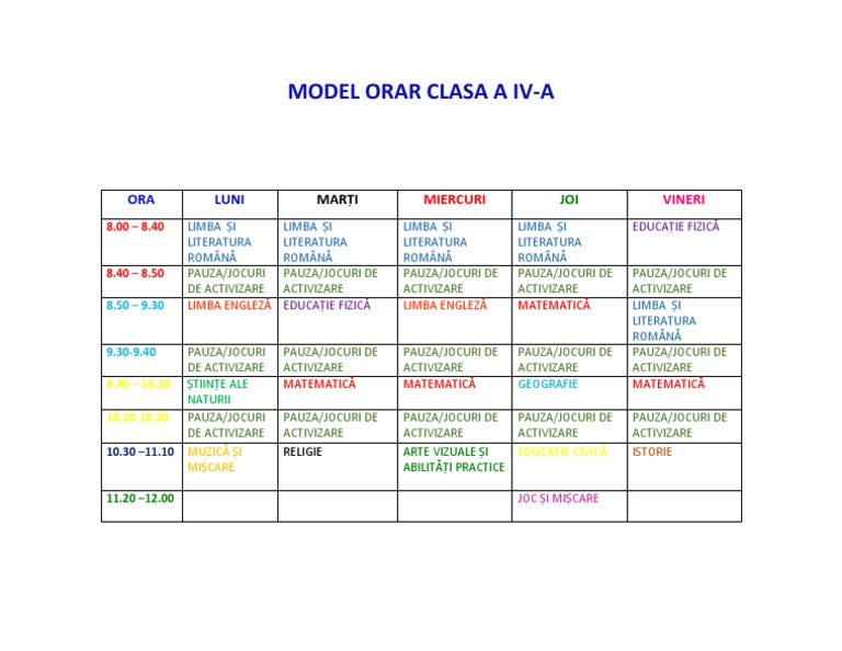Model Orar Clasa A Iv-A | PDF