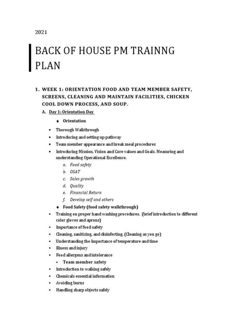 Boh PM Training Plan | PDF | French Fries | Food Safety