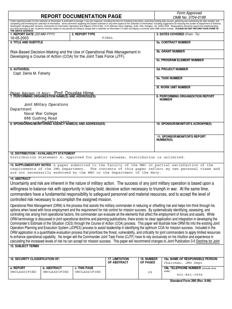 Report Documentation Page: Form Approved OMB No. 0704-0188 | PDF | Risk | Risk Management